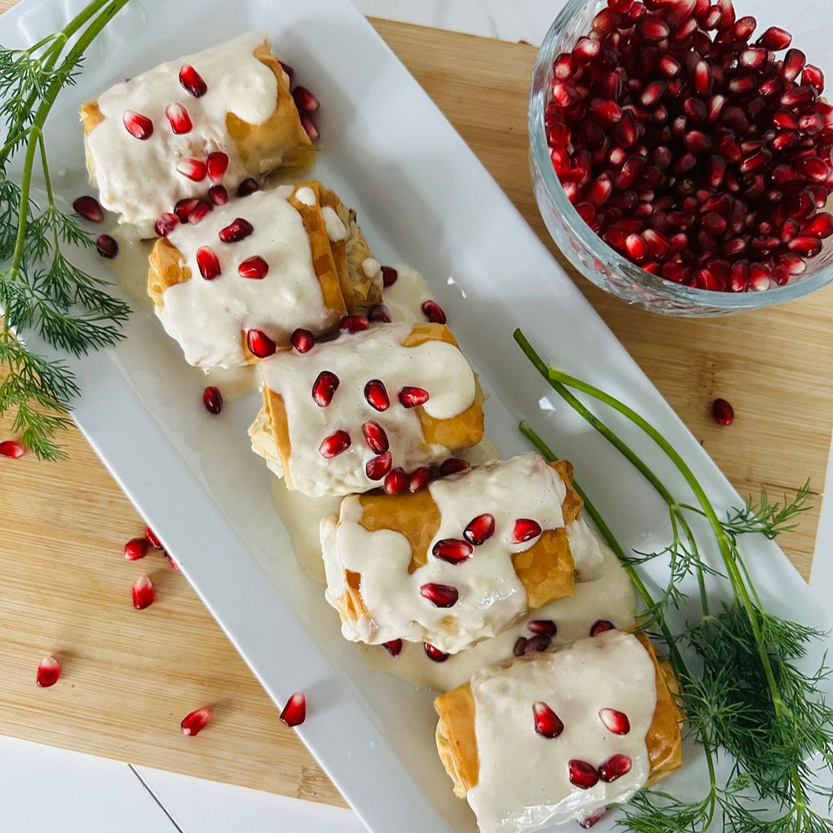 Crispy Phyllo Eggplant Rolls with Tahini Sauce - Galore Of Flavors